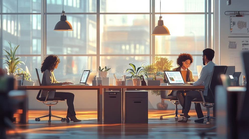 Modern Office Workers at Desk, City View, Collaboration, Sunlight Stock ...