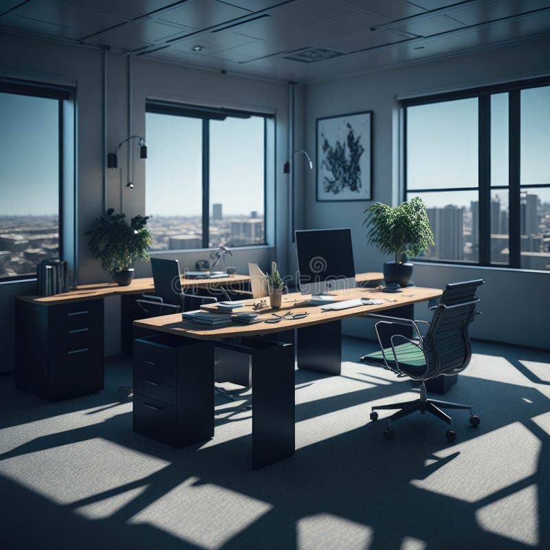 Modern Office Working Place, Large Windows with View, Desks with ...