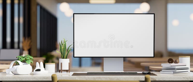 Mockup Desktop Computer Showing White Screen and Copy Space on Studio ...