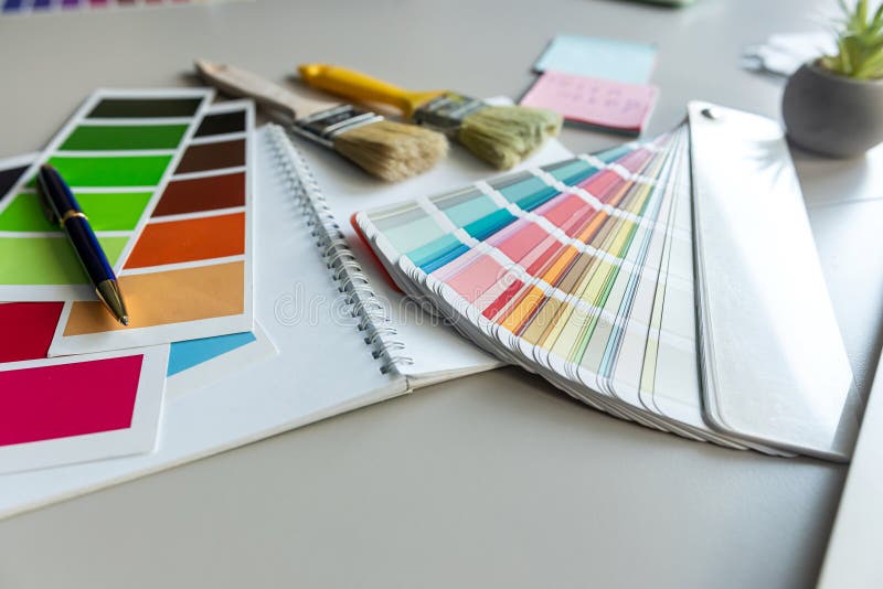 Modern Office Workplace Multicolored Paper Samples Brush Notepad Stock ...