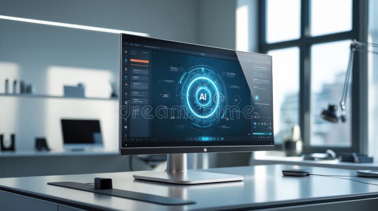 Modern Office Workspace with Advanced AI Technology Display on a Curved ...