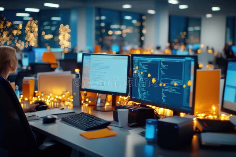 Modern Office Workspace with Ambient Lighting Stock Photo - Image of ...