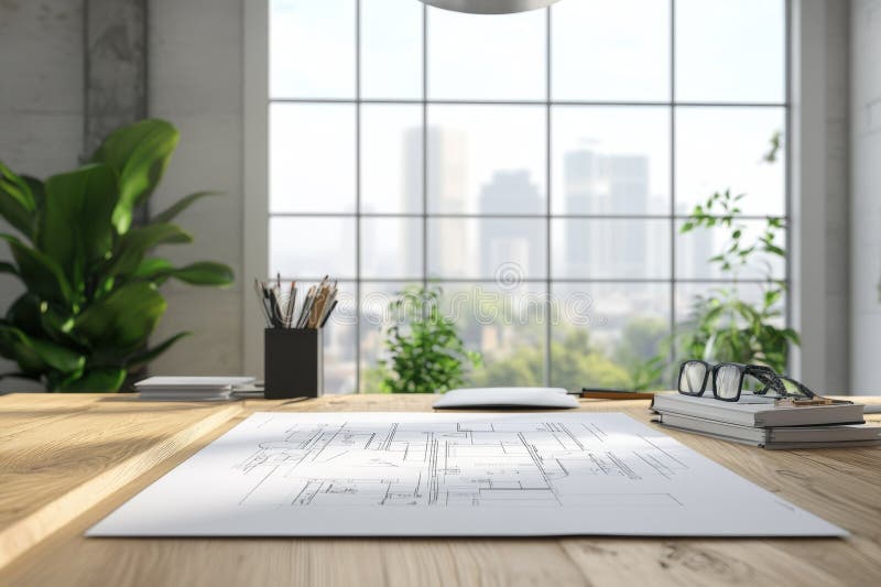 Modern Office Workspace with Architectural Plans and City View through ...