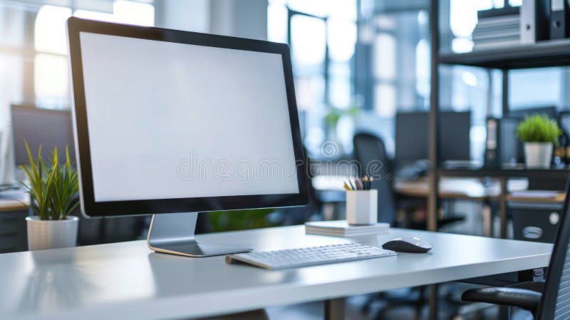 Modern Office Workspace with Blank Computer Screen Stock Illustration ...