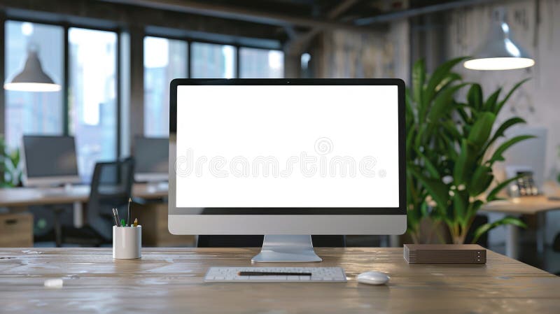 Modern Office Workspace with Blank Computer Screen Stock Illustration ...
