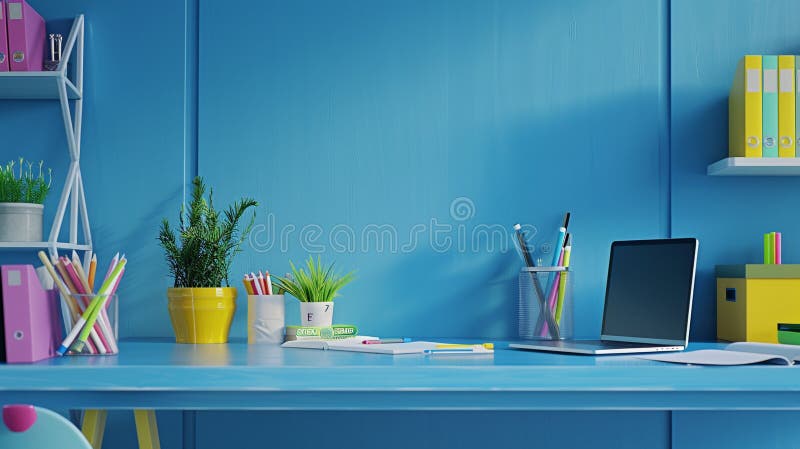 Modern Blue Workspace Laptop Desk Setup Minimalist Home Office Design ...