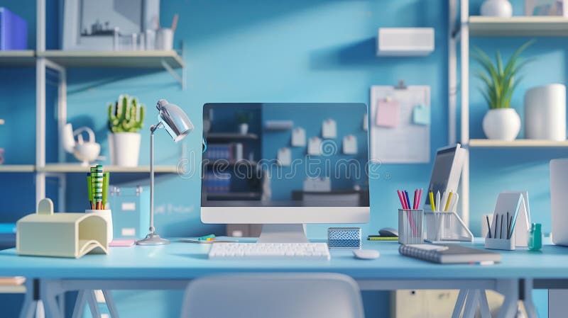 Modern Blue Office Workspace Desk Computer Setup Minimalist Design Home ...