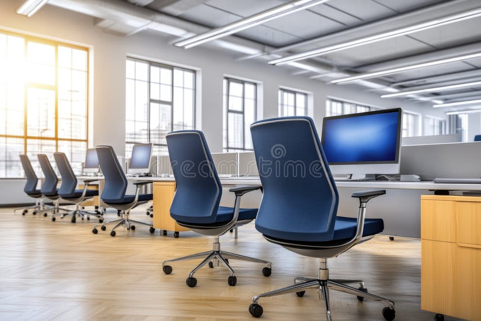 Modern Office Workspace with Blue Chairs and Computers in Bright Open ...
