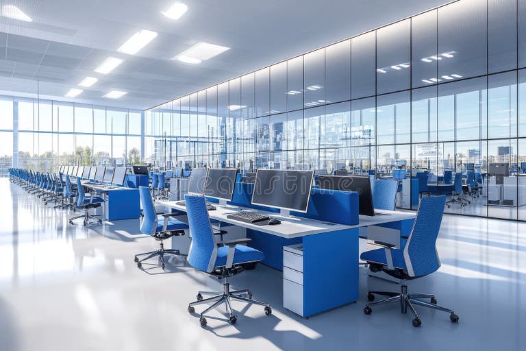 Modern Office Workspace Blue Chairs Computers Glass Wall Sunlight Stock ...