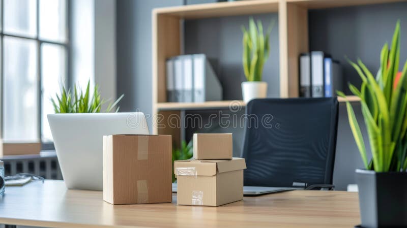 Modern Office Workspace with Cardboard Boxes Stock Illustration ...