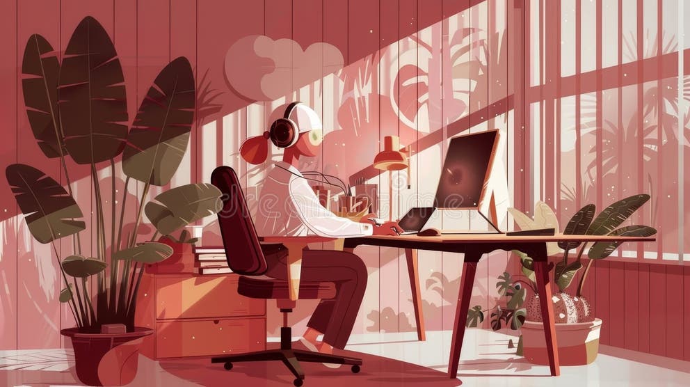 Modern Office Workspace, Character at Computer, Tablet, Headphones in ...