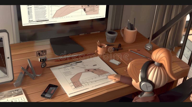 Modern Office Workspace with Character at Computer, Tablet, Headphones ...