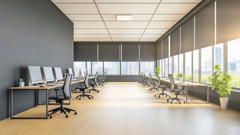 Modern Office Workspace, City View, Sunlight, Desks, Computers Stock ...