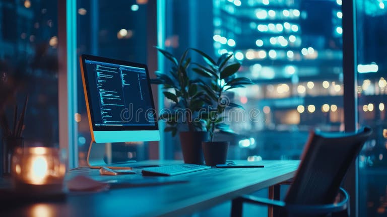 Modern Office Workspace with Coding on Computer Screen at Night Stock ...