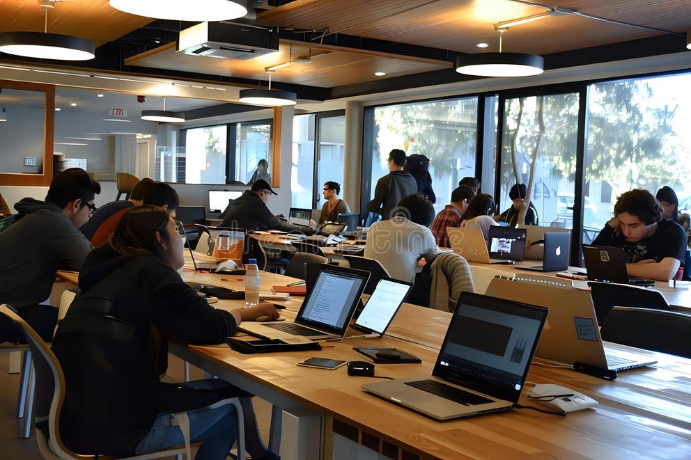 Modern Office Workspace, Collaborative Teamwork Using Laptops and ...