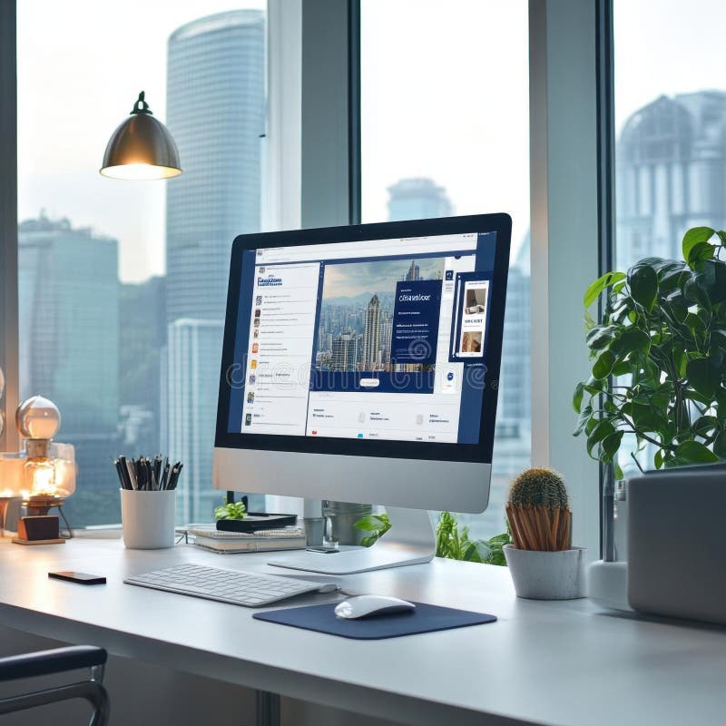 Modern Office Workspace with Computer and City View Stock Illustration ...
