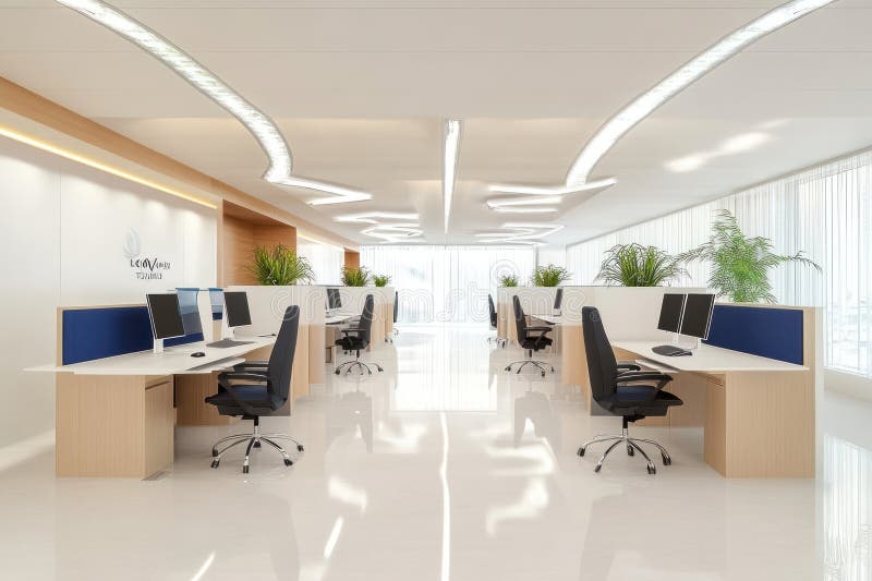 Modern Office Workspace with Computer and Desk Stock Illustration ...