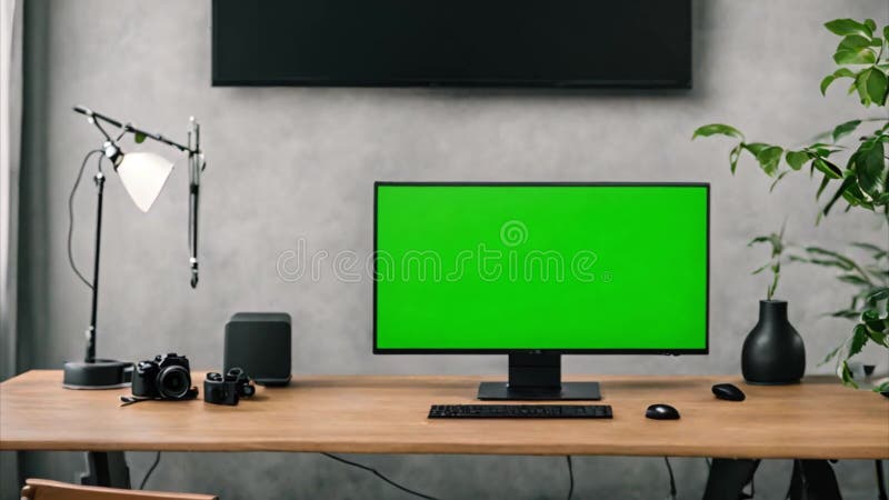 Modern Office Workspace with Green Screen Computer Stock Video - Video ...