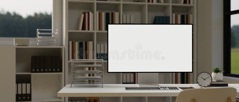 Modern Office Workspace with Computer Mockup Over Blurred of Document ...