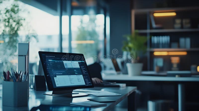 Modern Office Workspace with Computer Monitor Displaying Data in Bright ...