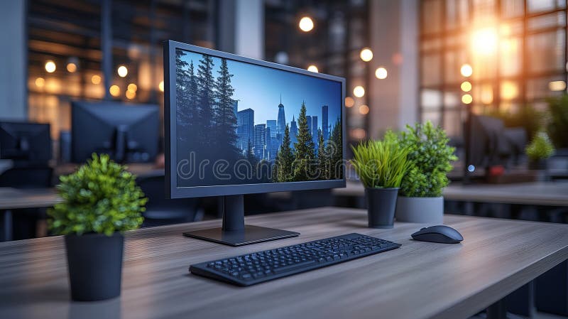 Modern Office Workspace with Computer Monitor and Green Plants in Open ...