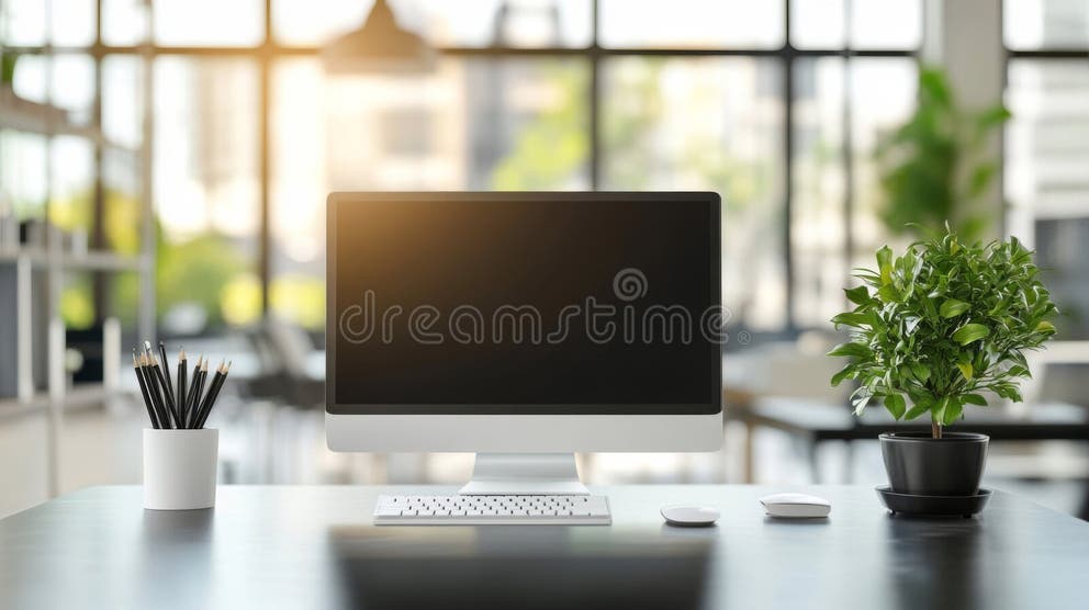 Modern Office Workspace with Computer and Plant Stock Illustration ...