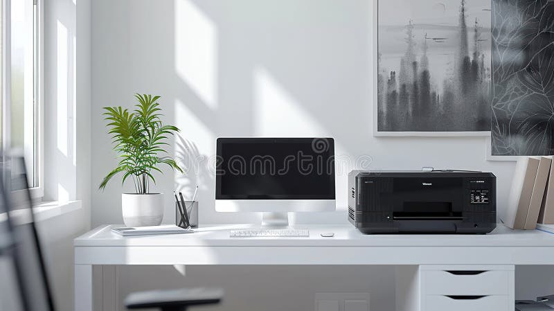 A Modern Office Workspace with a Computer, Printer, Plant, and a Black ...