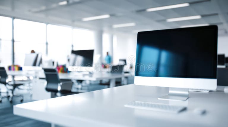 Modern Office Workspace with Computer Setup and Blurred Colleagues in ...
