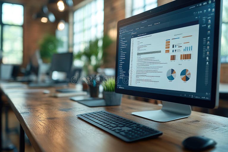 Modern Office Workspace with Computer Showing Data Analysis Charts ...