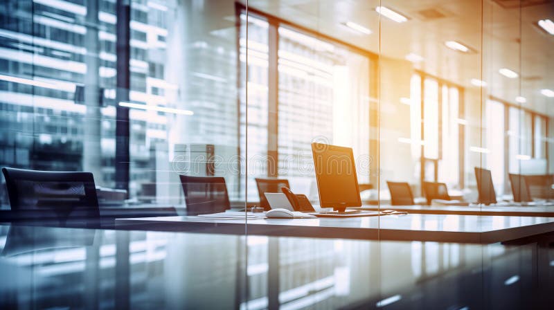 Modern Office Workspace with Computer on Table and Large Windows ...