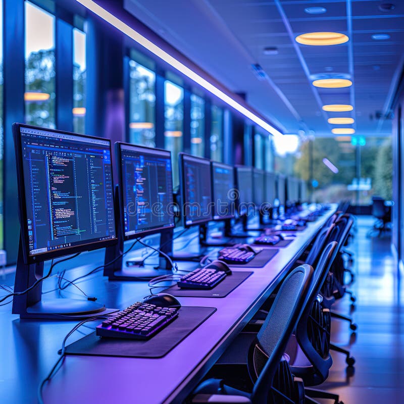 Modern Office Workspace with Computers and Blue Lighting Stock ...