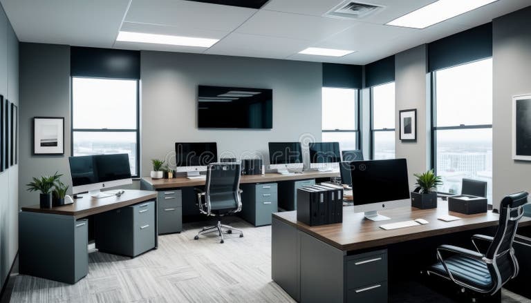 Modern Office Workspace with Computers Stock Photo - Image of ...