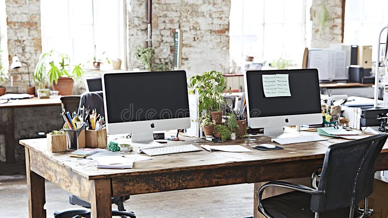 Modern Office Workspace Computers Desks and Natural Light Stock ...