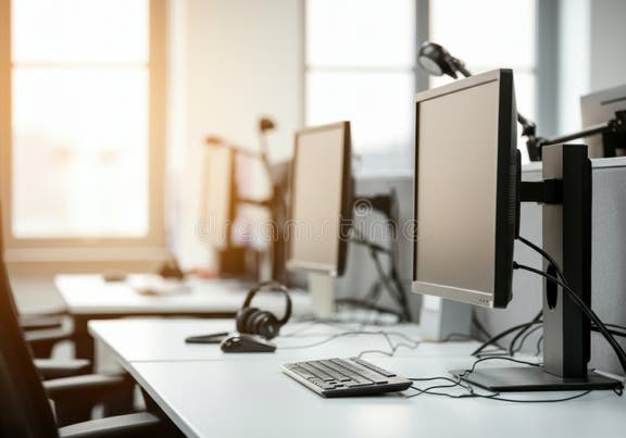 Modern Office Workspace with Computers and Headphones Ready for Use ...