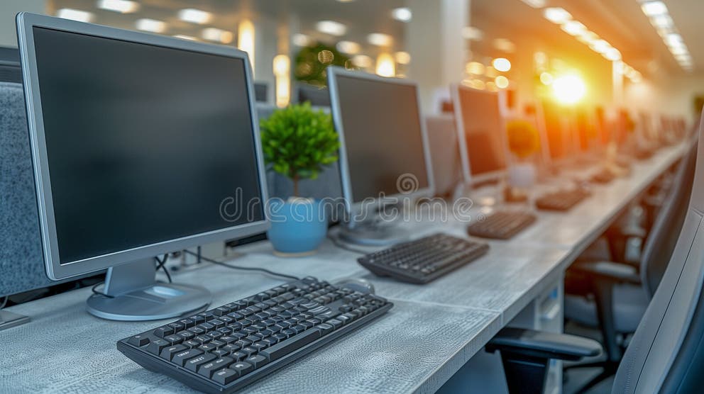 Modern Office Workspace with Computers and Natural Lighting Stock ...