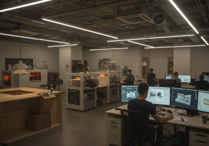 Modern Office Workspace with 3D Printers and Design Team Stock ...