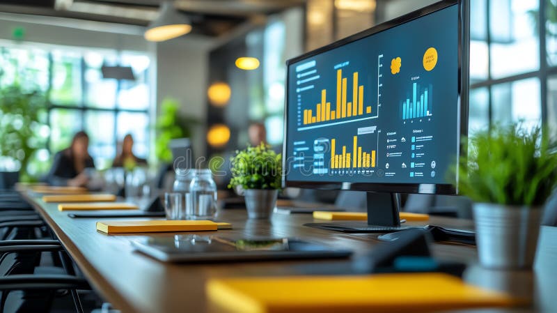 Modern Office Workspace with Data Analysis Displays, Plants, and ...