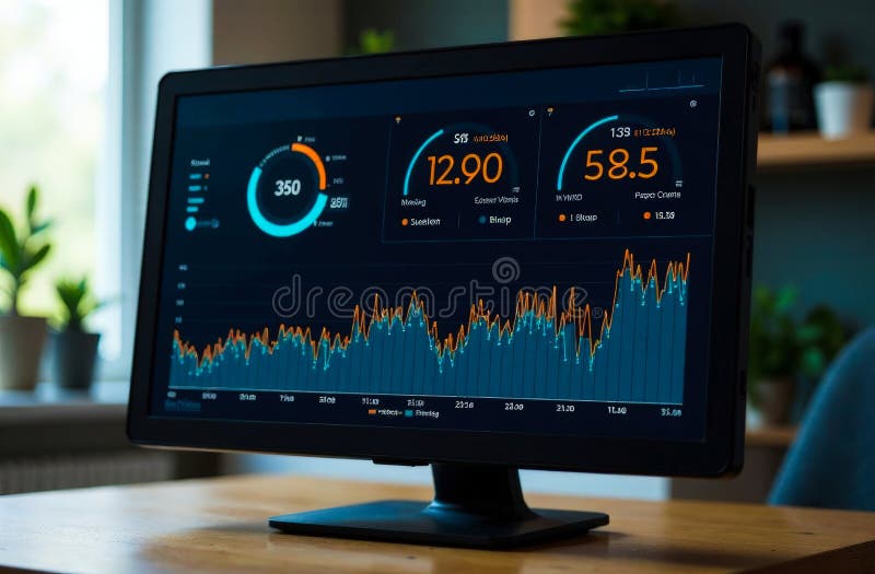 Modern Office Workspace with Data Analysis Displays, Plants, and ...