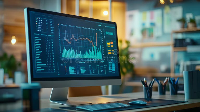 Modern Office Workspace with Data Analytics on Computer Monitor Stock ...