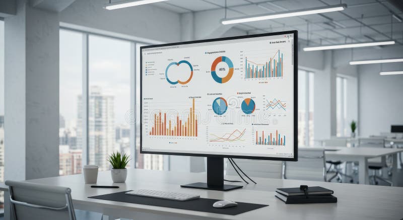 Modern Office Workspace with Data Analytics Display Sleek Modern Office ...