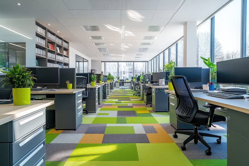 Modern Office Workspace Design Bright and Airy with Green Carpet and ...