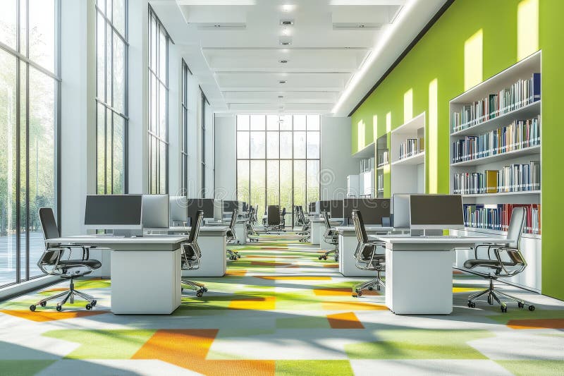 Modern Office Workspace Design with Green Accents and Natural Light ...