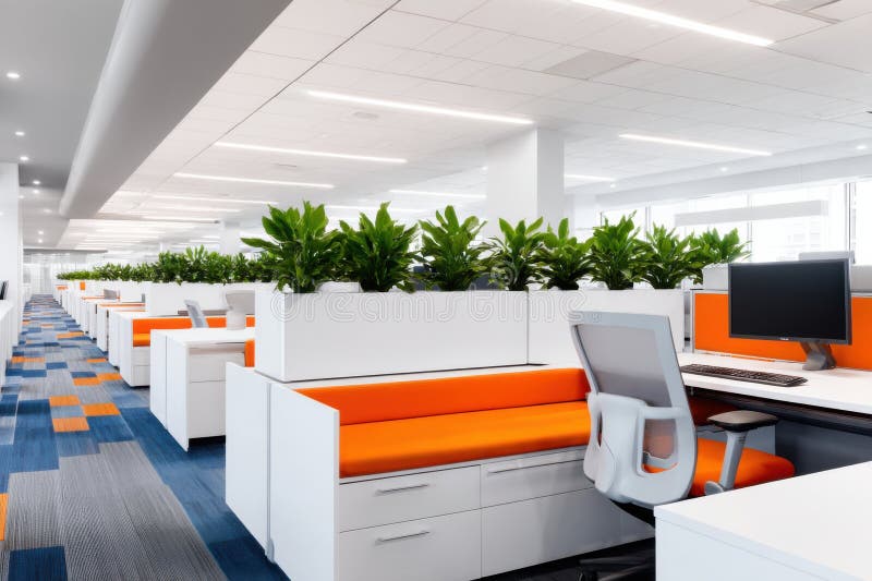 Modern Office Workspace Design with Orange Accents Stock Illustration ...