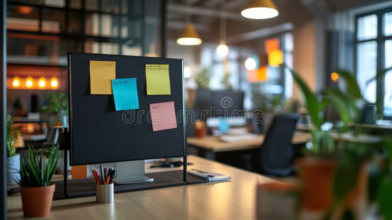 Modern Office Workspace Desk with Notes and Plants Stock Illustration ...