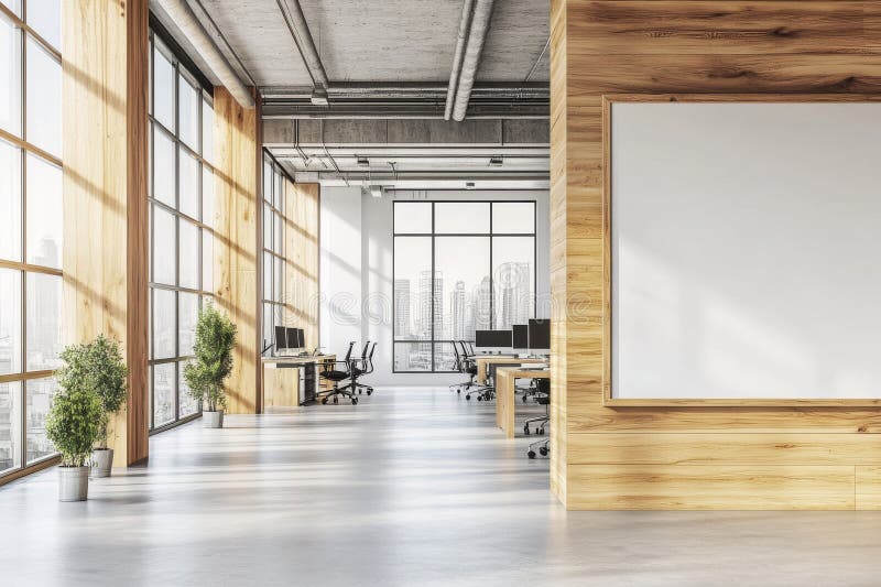 A Modern Office Workspace with Desks and Chairs, Large Windows, and a ...