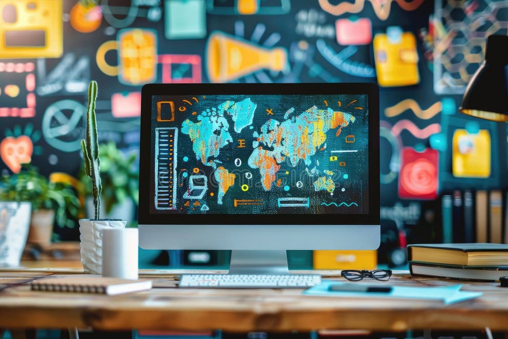 Modern Office Workspace with Desktop Computer Displaying Colorful World ...