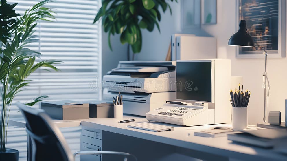 Modern Office Workspace with Desktop Computer, Printer, and Plants ...