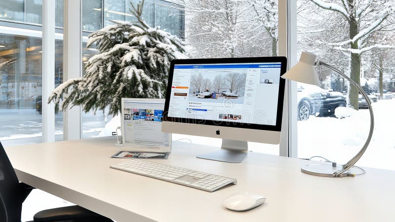 Modern Office Workspace with Desktop Computer in Snowy Winter Setting ...