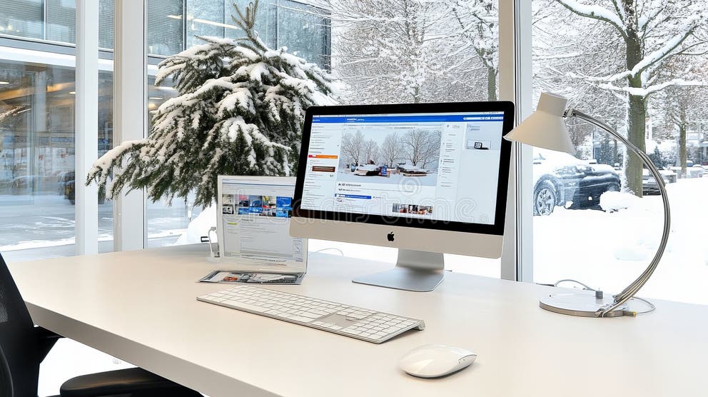 Modern Office Workspace with Desktop Computer in Snowy Winter Setting ...
