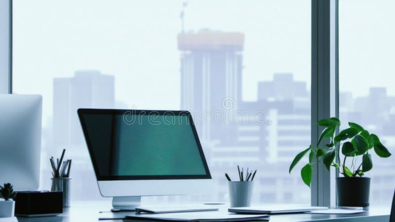 Modern Office Workspace with Desktop Computer and Urban Skyline View ...